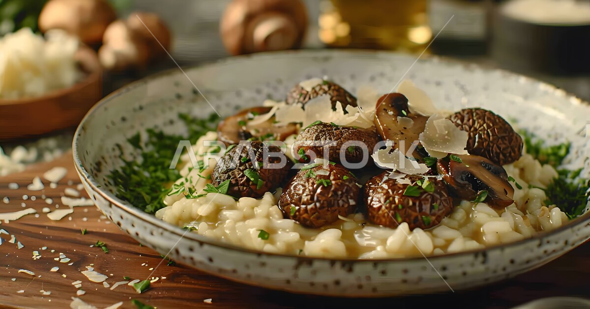 طبق ريزوتو الفطر الكريمي مع البقدونس وجبن البارميزان، المأكولات الشرقية ...