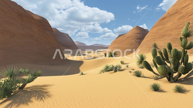 Prickly cactus in desert areas and sand dunes in the wilderness ...