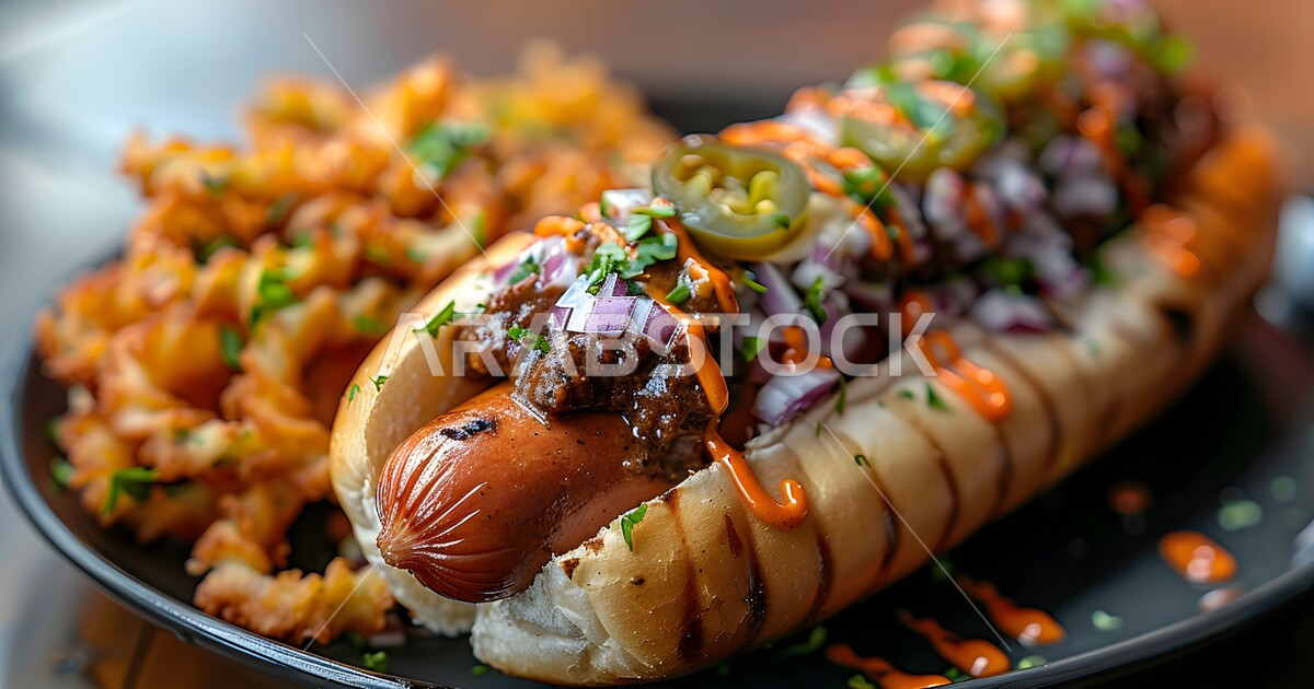 Delicious hot dog sandwich with hot pepper and ketchup on a wooden base ...