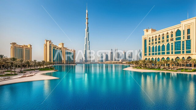Burj Khalifa in Dubai, urban growth and development on the coast of the ...