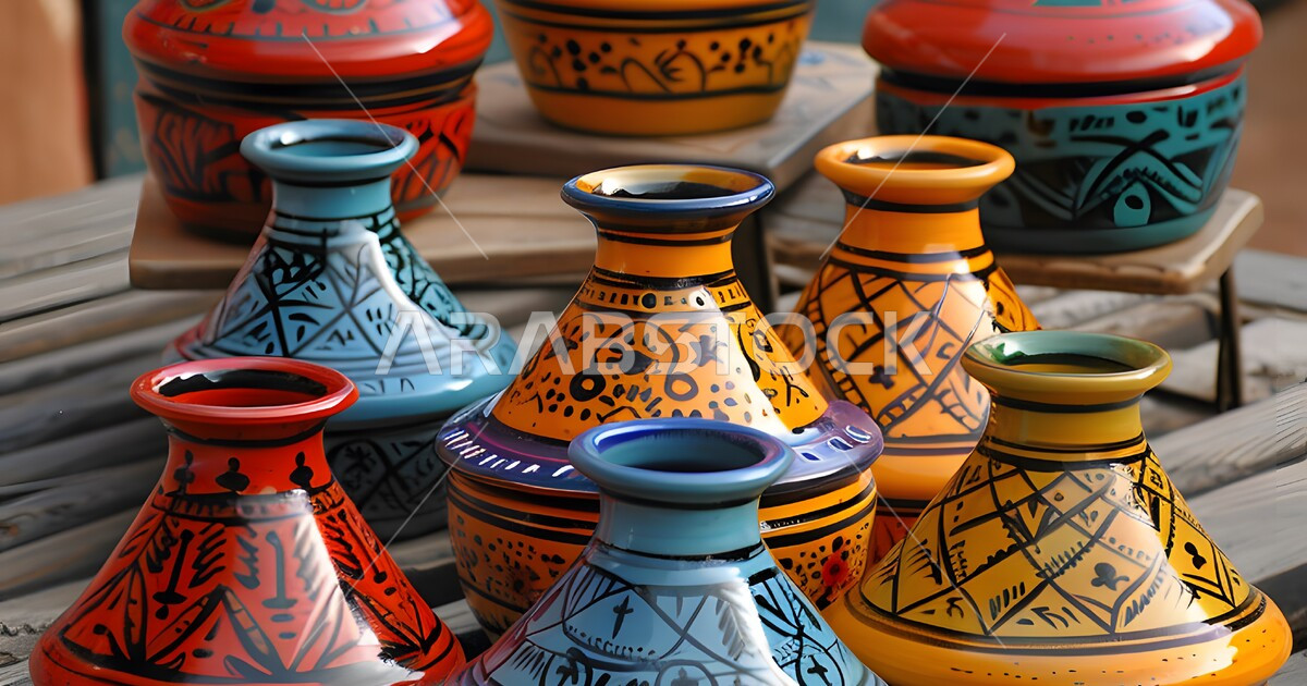 Traditional folk crafts and industries, colorful and decorated vases ...