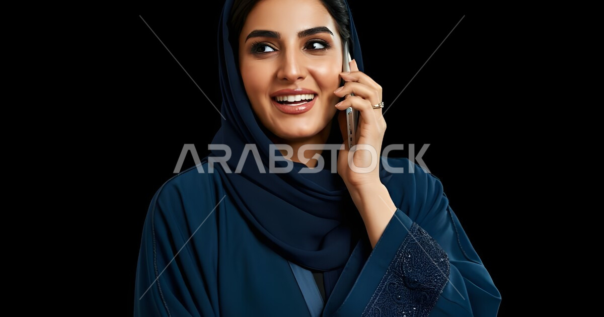 Communicating and checking on friends, a close-up portrait of a veiled ...