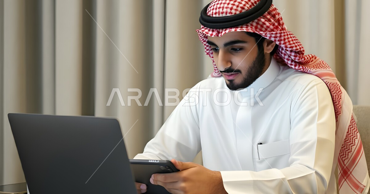 Finding an idea online, close-up of a young Saudi Arabian Gulf man ...
