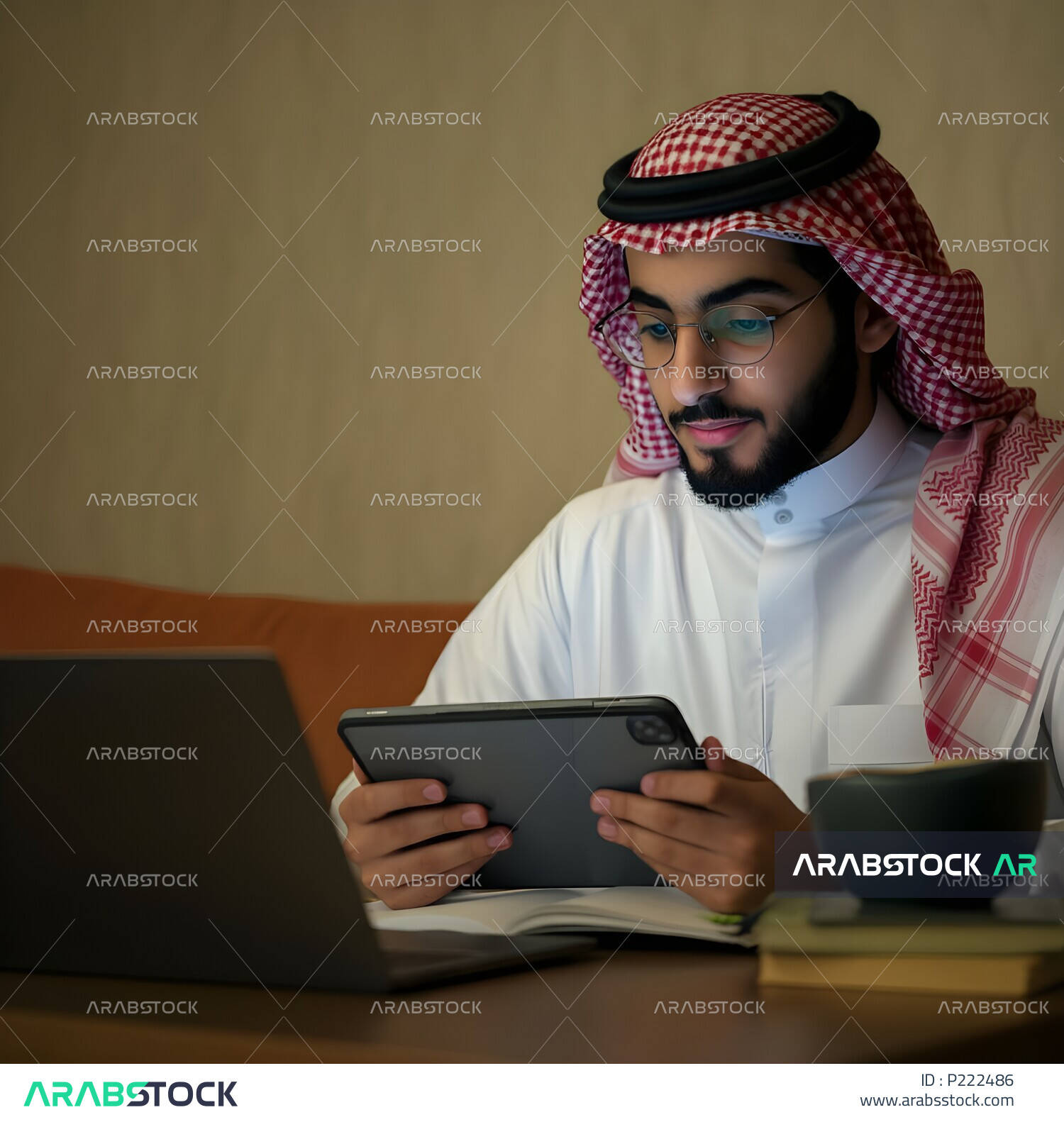 Finding an idea online, close-up of a young Saudi Arabian Gulf man ...