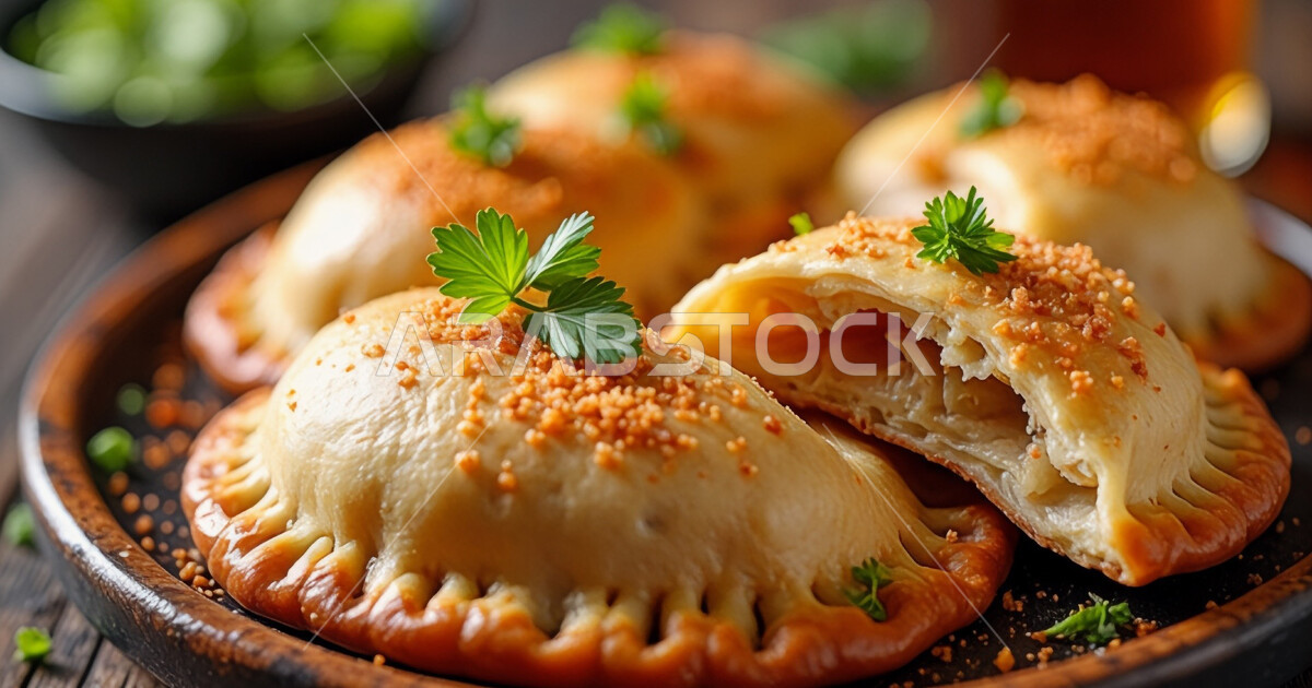 Pieces of golden samosa, a plate of crispy fried pancakes decorated ...