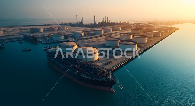 Commercial fuel terminal in Saudi Arabia, top view of oil storage tanks ...