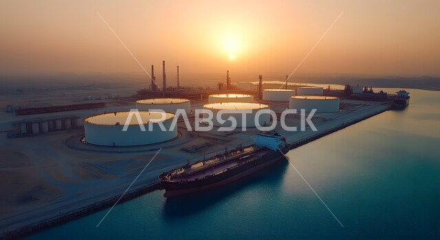 Commercial fuel terminal in Saudi Arabia, top view of oil storage tanks ...