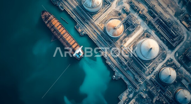 Commercial fuel terminal in Saudi Arabia, top view of oil storage tanks ...