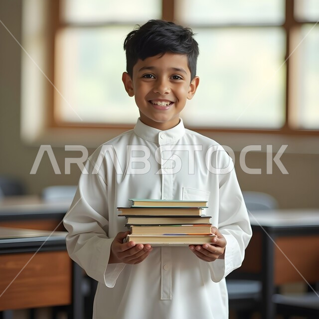 Back to school season in Saudi Arabia, portrait of a Saudi Arabian Gulf ...