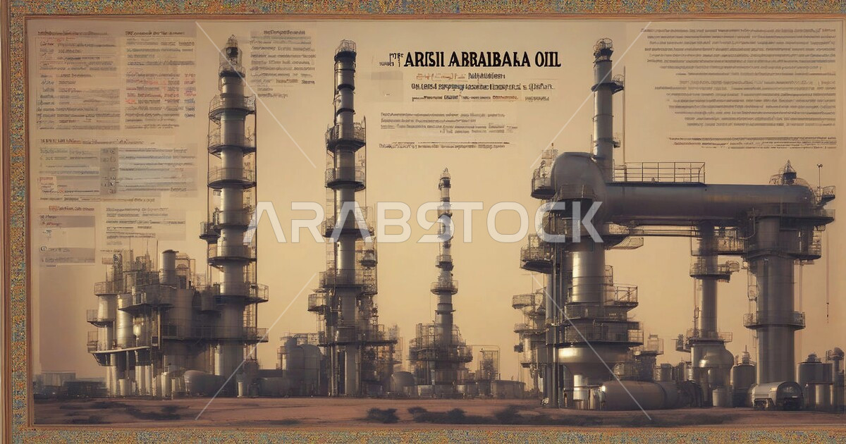 A painting of the first oil refinery in the desert of the Kingdom of ...