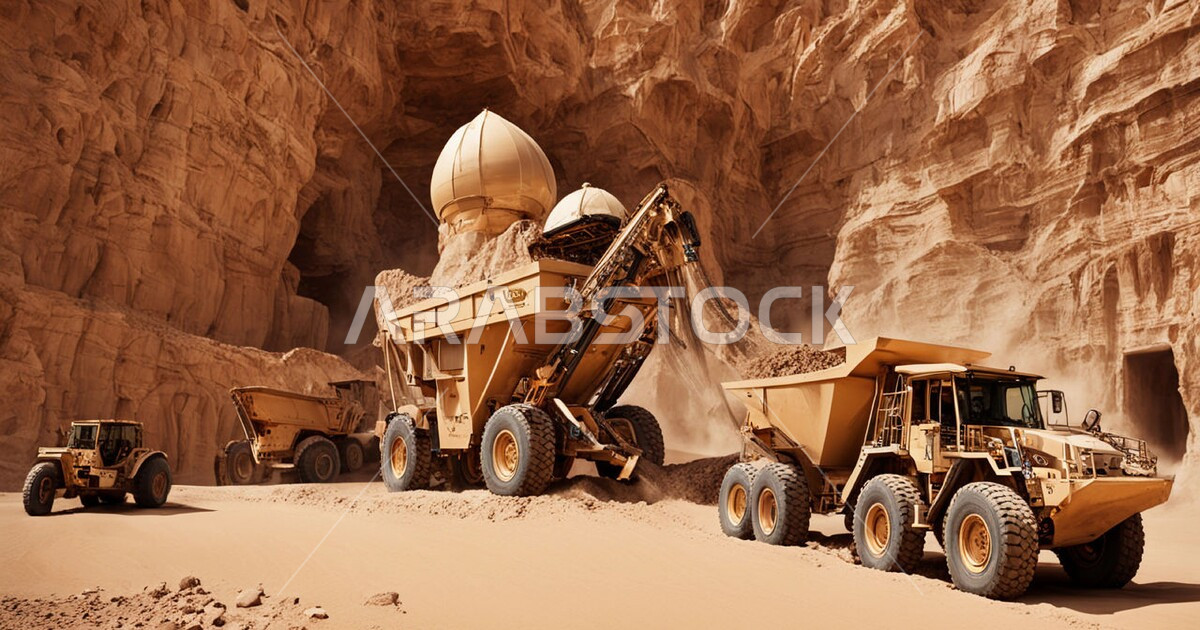 Rock formations and formations, a number of cars and heavy machinery ...
