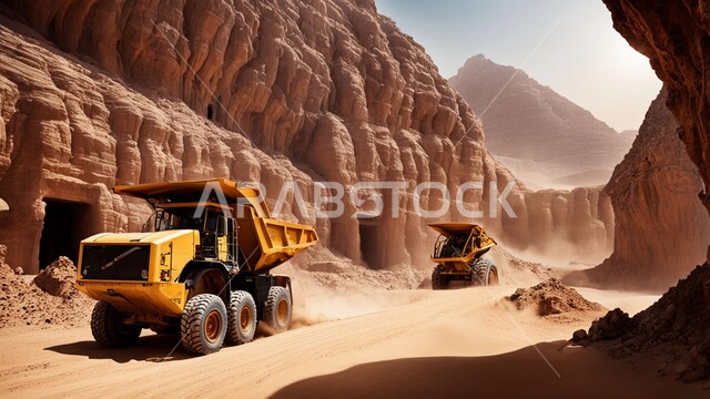 Heavy machinery digging and working at the mining site, transporting ...