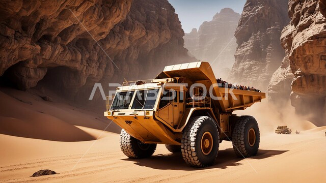 Heavy machinery digging and working at the mining site, transporting ...