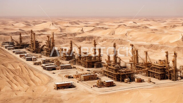 Large and massive storage tanks, towers and metal structures in desert ...