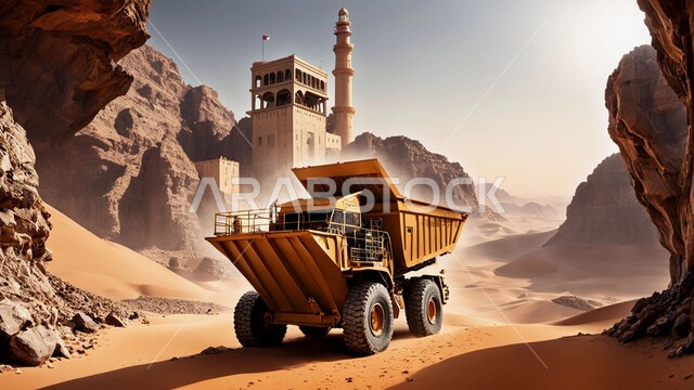 Heavy machinery digging and working at the mining site, transporting ...