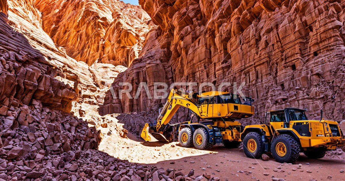 Rocky nature and mountain ranges terrain, cars and heavy machinery ...