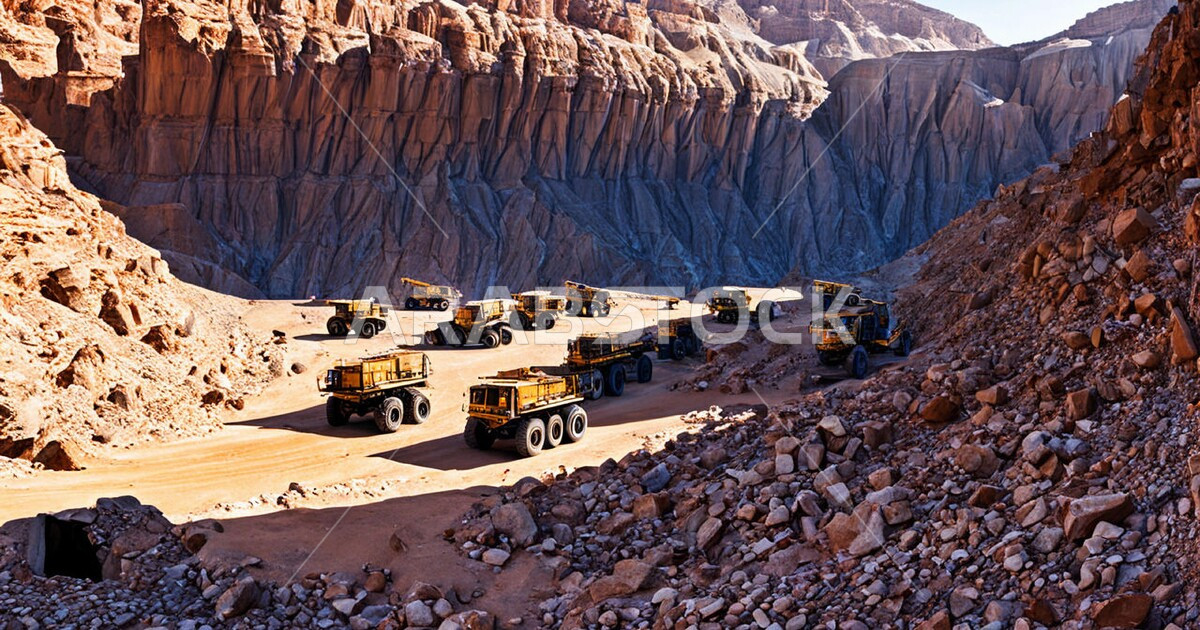 A number of cars and heavy machinery digging and working at the mining ...