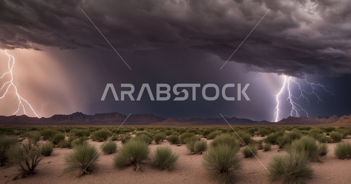 View of strong dust storms and lightning in deserts, natural phenomena ...