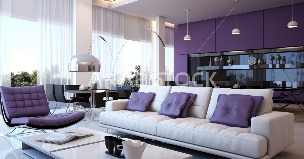 غرفة معيشة حديثة مع أريكة مريحة ووسائد مميزة، فن الهندسة المعمارية ...