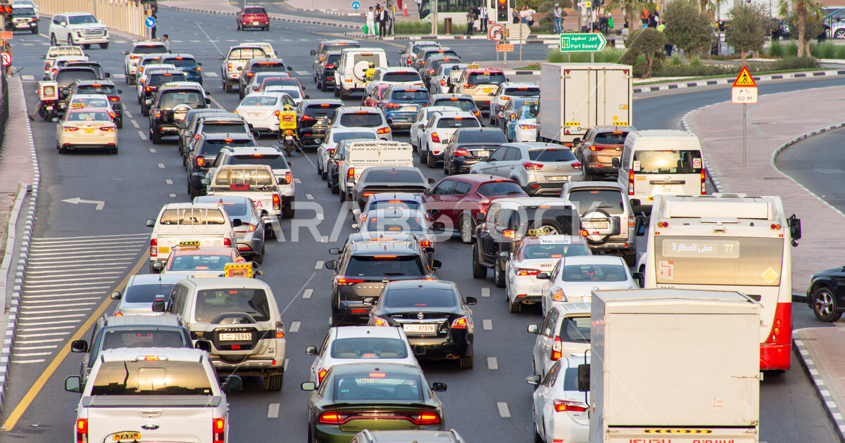 A view of traffic congestion on the road in Dubai, rush hour and ...