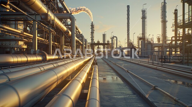 Narrow path between industrial pipes lit by the environment ...