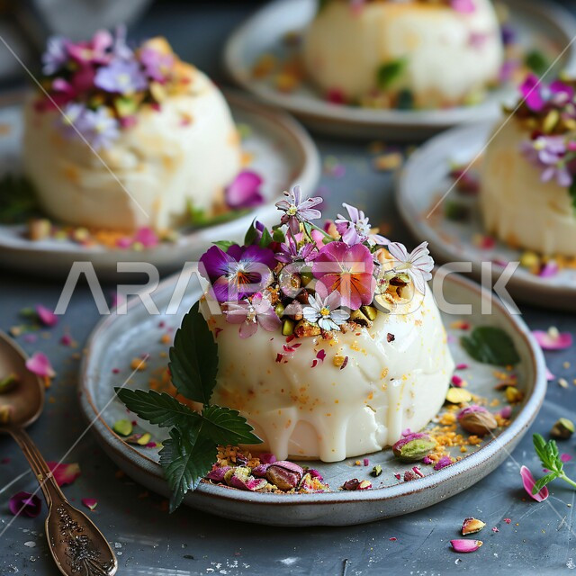 White sweets and candies decorated with edible flowers, famous oriental ...