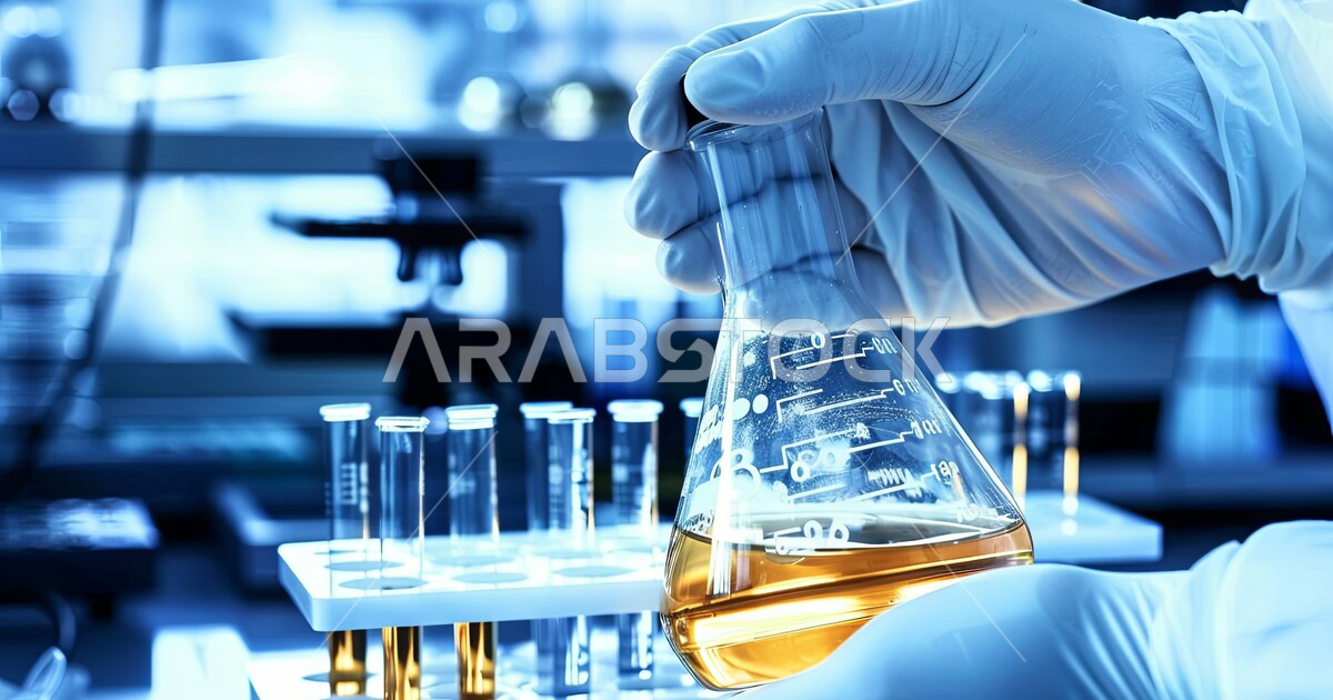 مختبرات الفحوصات الطبية والتحاليل الكيمائية، صورة مقربة ليد مخبري يرتدي ...