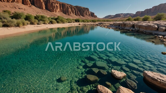 المحميات الطبيعية في الكويت, الحجارة الصخرية حول بحيرة المياه في أحد ...