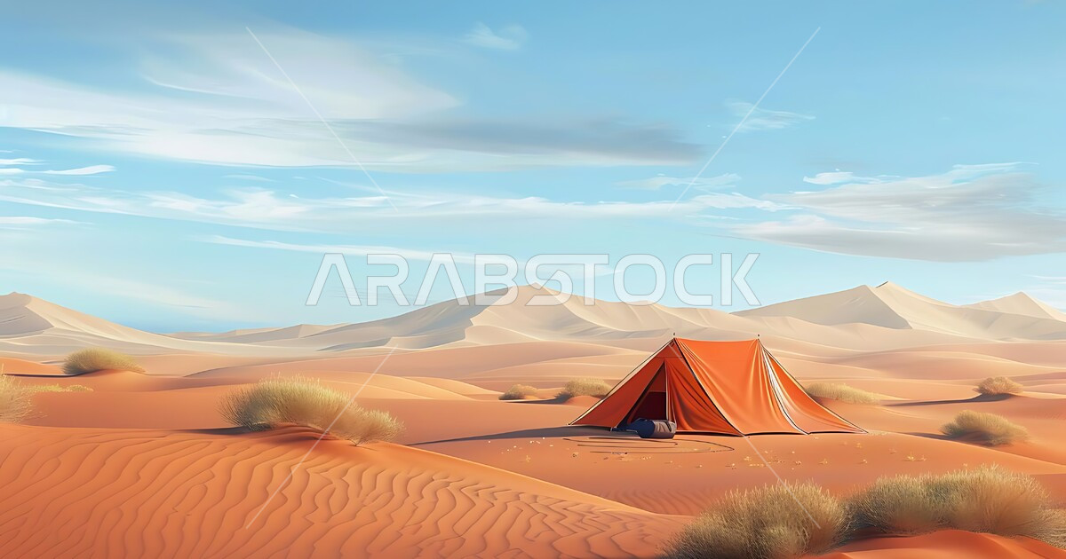 Traditional tent on the soft golden sands of the desert, view of the ...