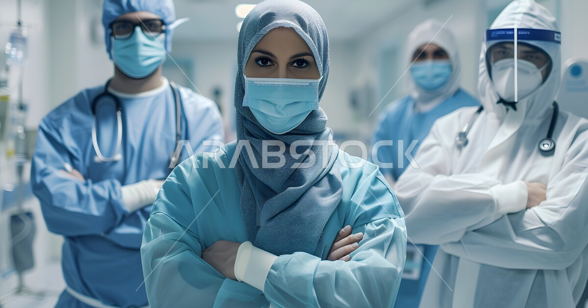 A group of Saudi Arabian Gulf doctors wearing medical uniforms and ...