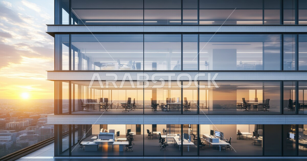 Modern office building with glass facade and open workspace, Saudi ...
