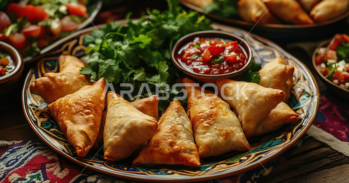 Fried pies with various fillings, a plate of crispy samosas with ...