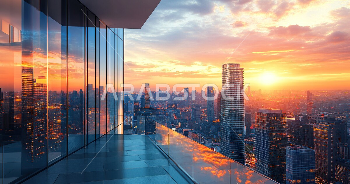 Imaginary view of towers and buildings from the balcony of the house ...