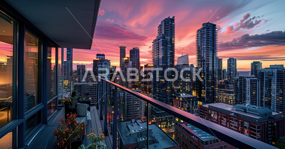 Imaginary view of towers and buildings from the balcony of the house ...