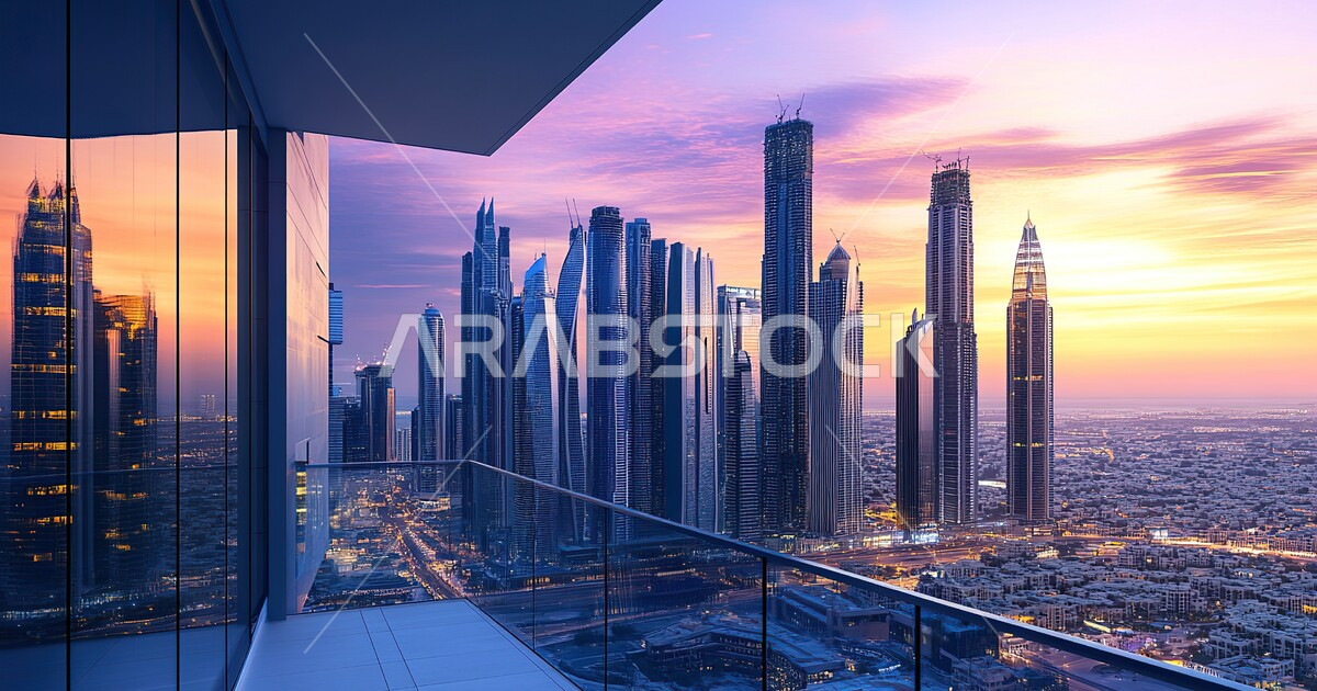 Imaginary view of towers and buildings from the balcony of the house ...