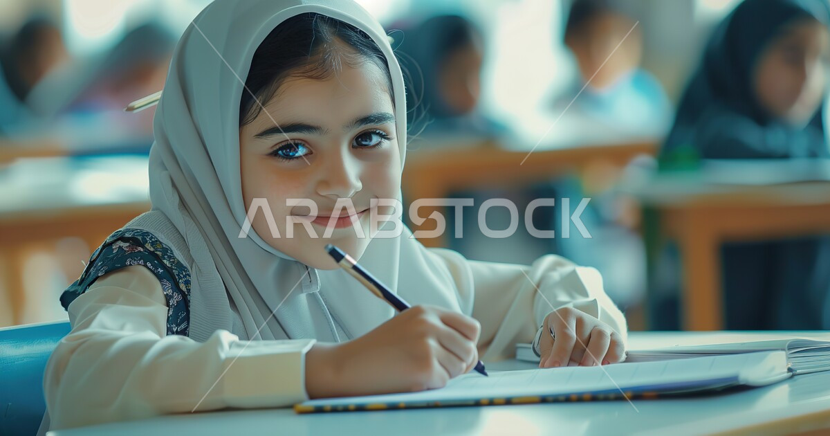 Follow-up and focus on lessons in the classroom, close-up of a veiled ...