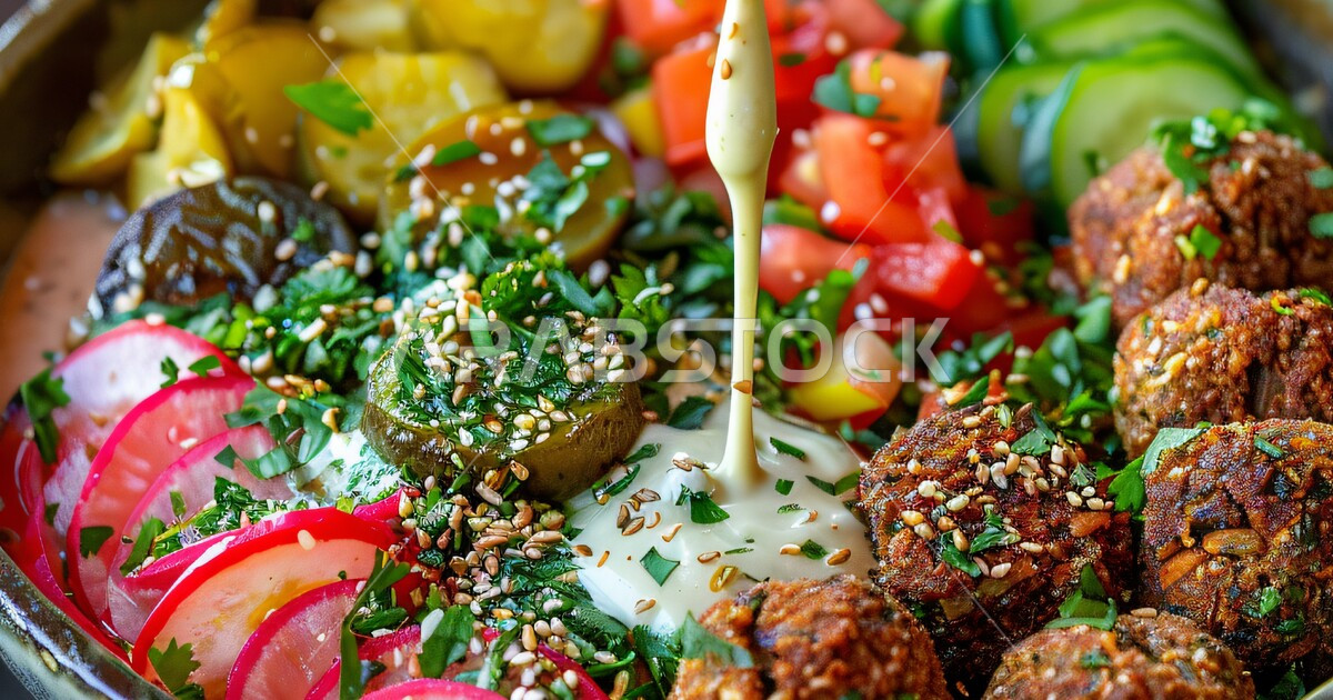 Foods rich in grains and proteins, Middle Eastern Arabic cuisine, Close ...