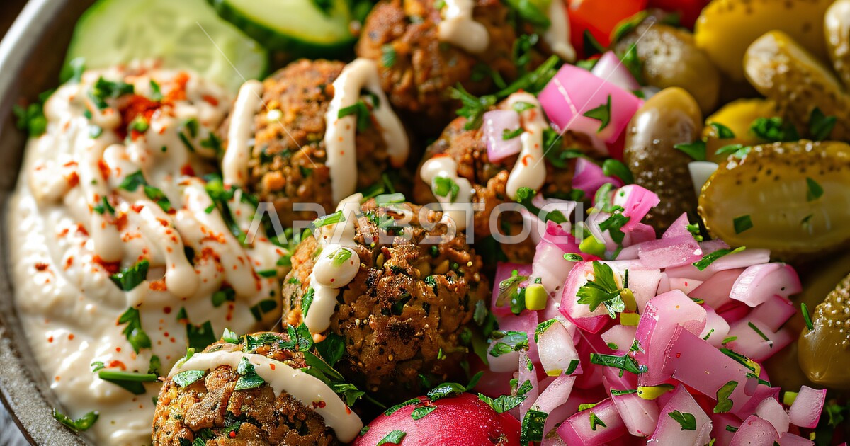 Foods rich in grains and proteins, Middle Eastern Arabic cuisine, Close ...