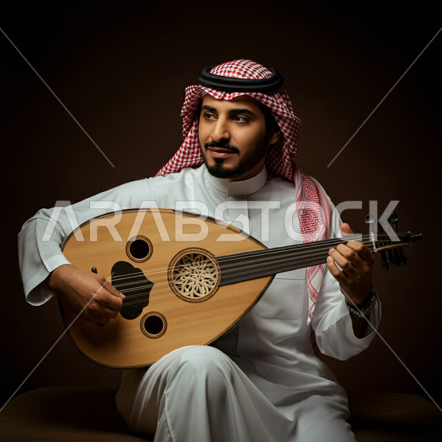 Musical artistic talents, close-up portrait of a Saudi Arabian Gulf man ...