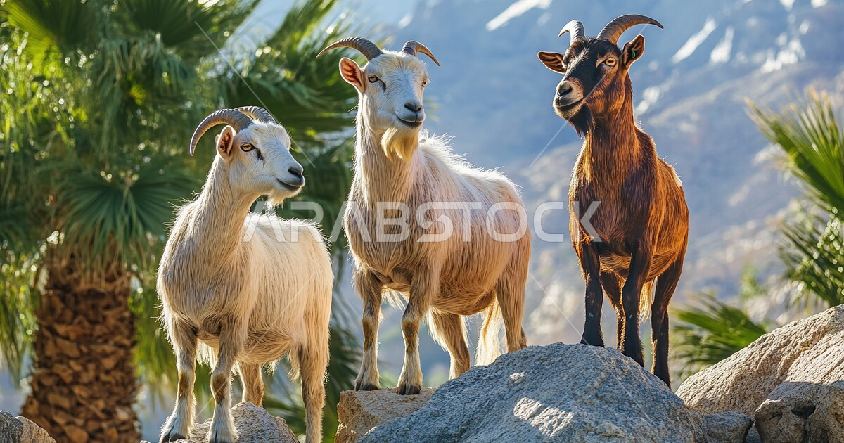 A herd of goats grazing in the lands of the Kingdom of Saudi Arabia ...