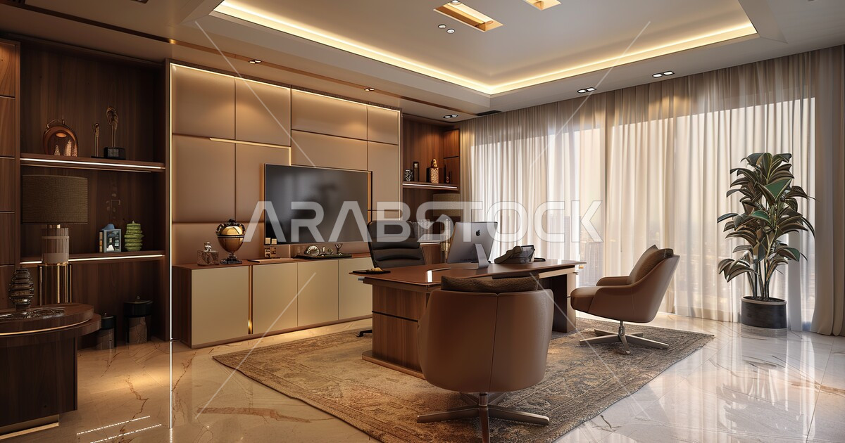 تجهيزات مكتبية أنيقة مع أثاث مكتبي مريح، مكتب بديكور راقي على الطراز ...