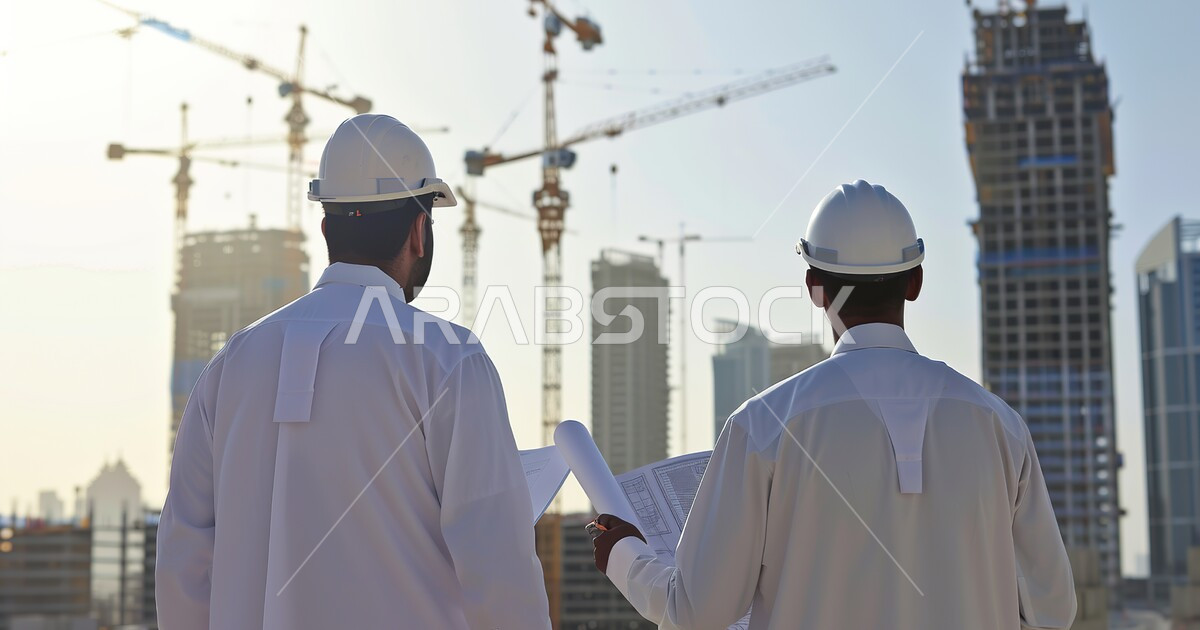 Supervising and auditing work, Saudi professions and jobs, two Saudi Gulf Arab engineers wearing ...