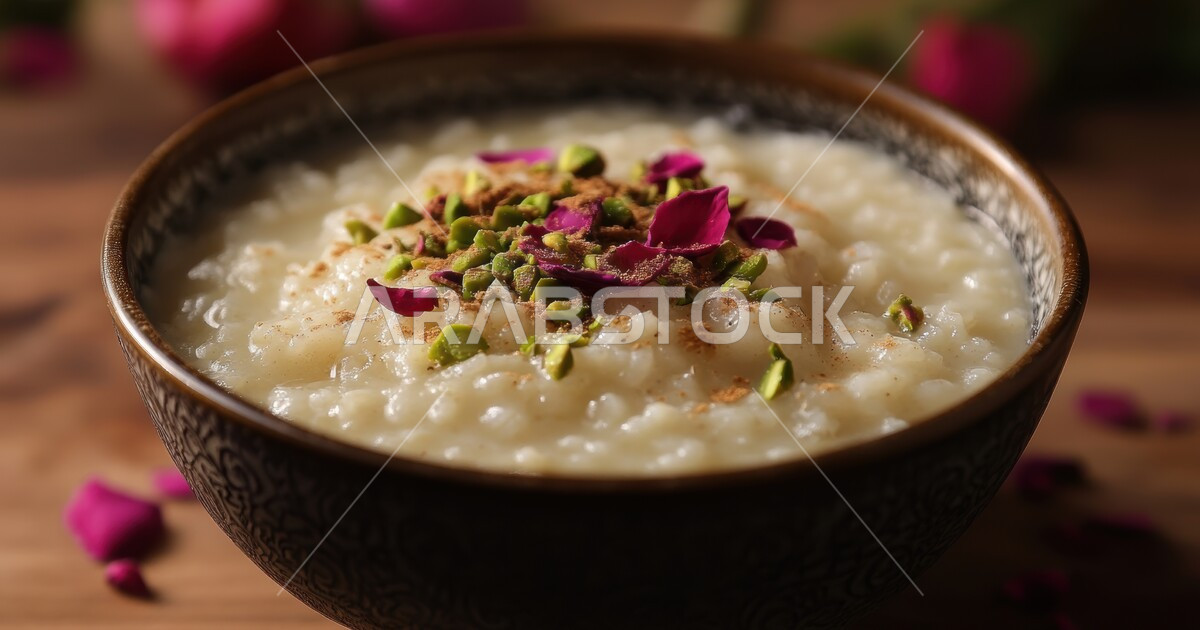 A bowl of creamy rice pudding topped with pistachios and rose petals ...
