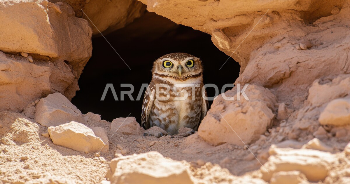 A young owl with new eyes sits at the entrance of a cave in the desert, training and taming the ...
