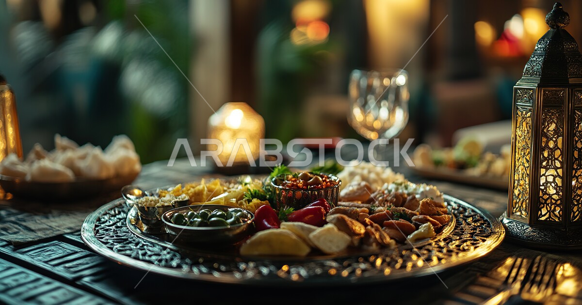 Meals and main dishes on the dining table, types of oriental Arab foods ...