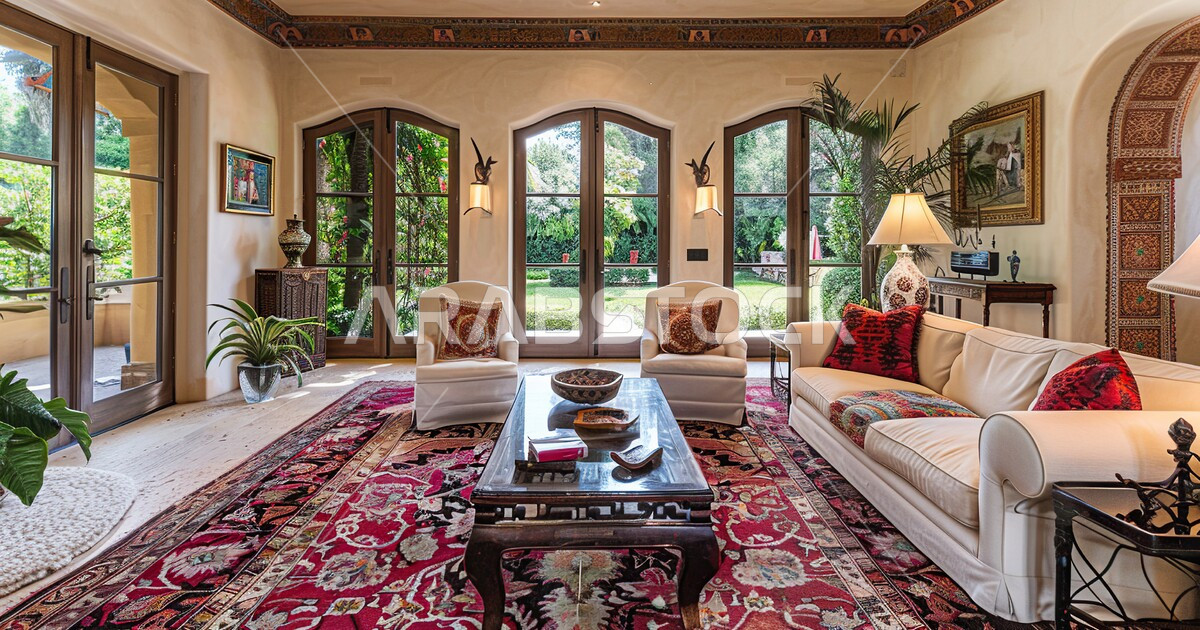 Old style ornate architecture, traditional Arabic sitting room and ...