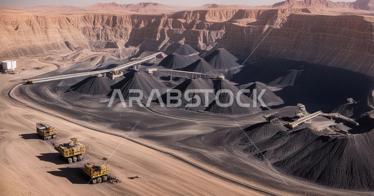 مجموعة من سيارات الشحن الكبيرة تقوم بالعمل في موقع التعدين، أماكن مناجم ...