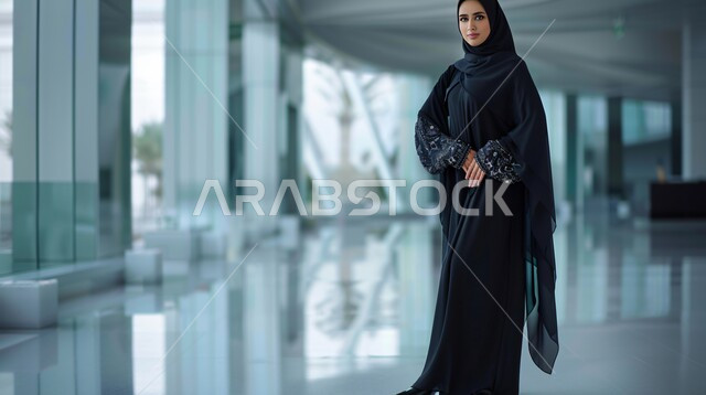 A Saudi Arabian Gulf model wearing an abaya and hijab displays fashion ...