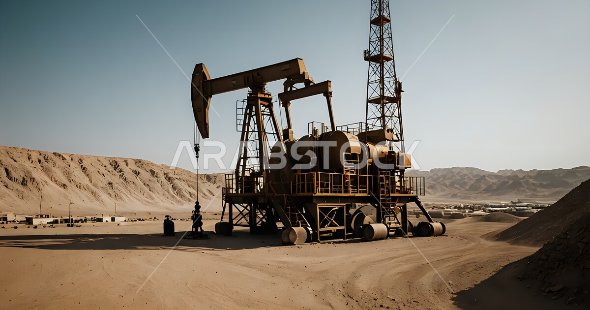 Extraction and export of underground resources, a drilling rig drilling for oil in the middle of ...