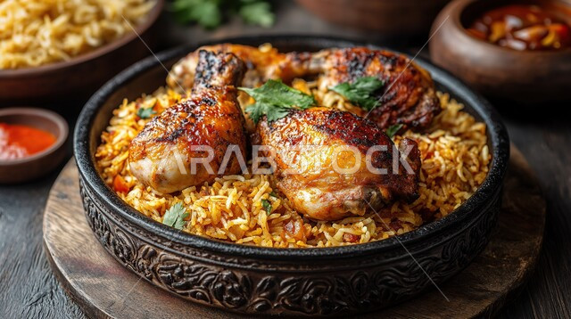 Traditional Arabic banquets and popular dishes, a plate of Kabsa rice ...